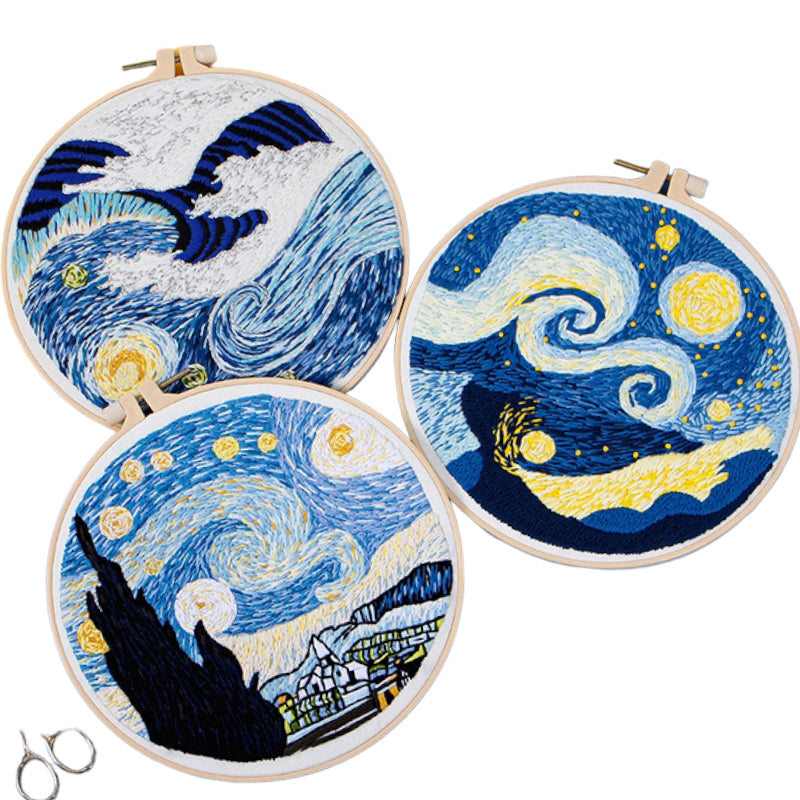 Van Gogh Starry Night Hand Embroidery DIY Kit 20cm – MiuEmbroidery