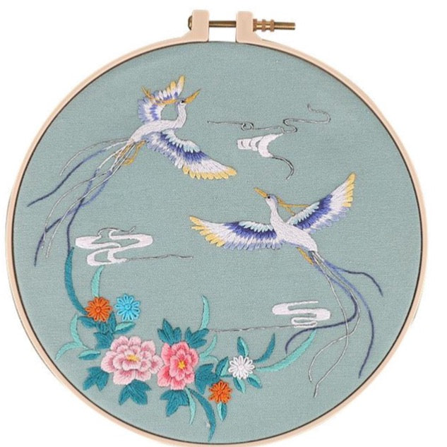 Chinese Style Crane & Flowers Hand Embroidery Full Kit 8 inch ...